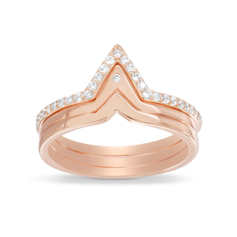 Rose Gold Plated Sterling Silver V Shaped Trio Ring Stack with Cubic ...