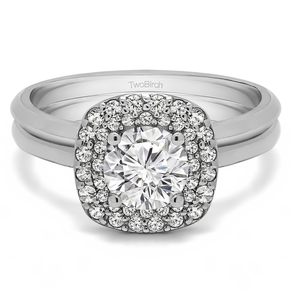 Round Double Row Round Halo Engagement Ring Bridal Set (2 Rings) (1.3 ...